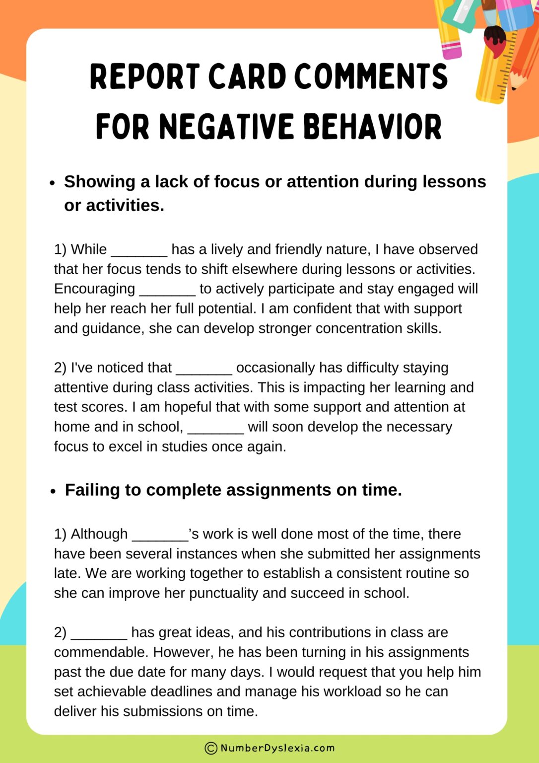20 Negative Behavior Comments Examples for Report Card - Number Dyslexia