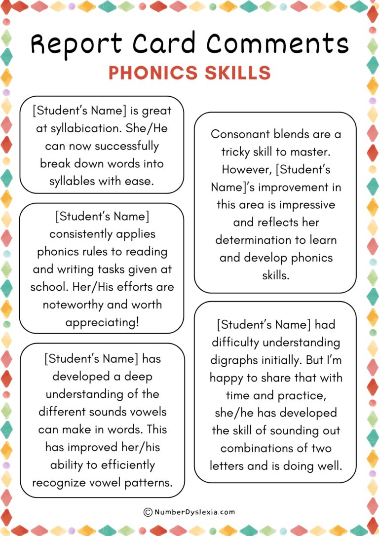 120 Report Card Comments For Phonics Skills [PDF Included] - Number Dyslexia