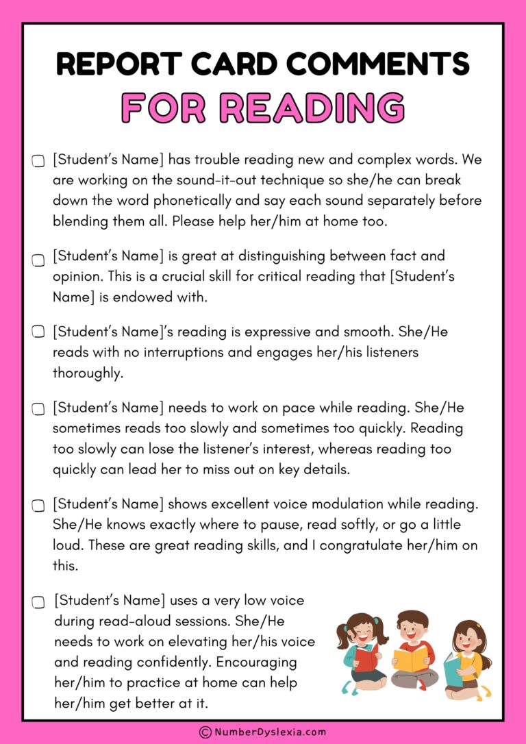 60 Report Card Comments For Reading [PDF Included] - Number Dyslexia