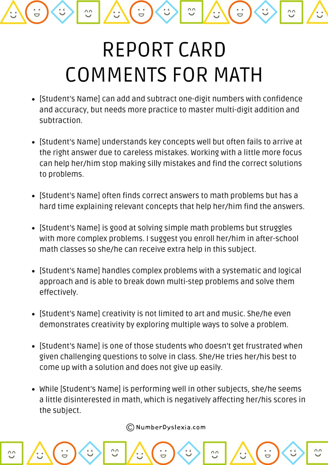 120 Report Card Comments For Maths [PDF Included] - Number Dyslexia