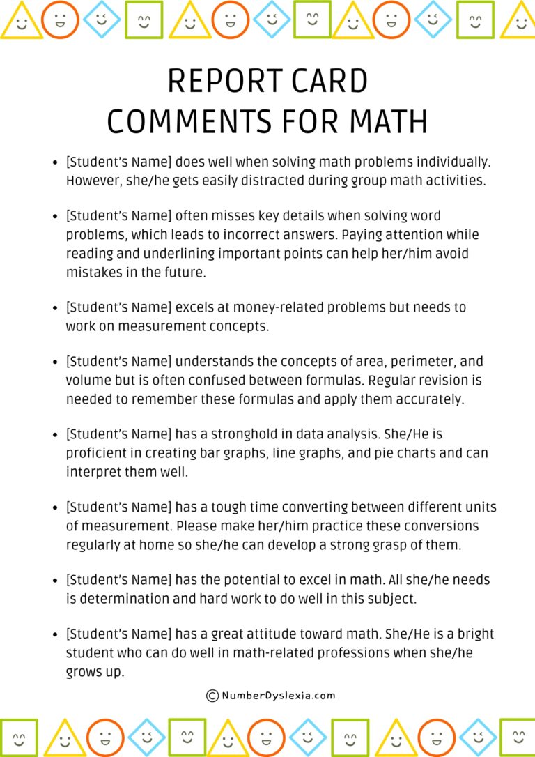 120 Report Card Comments For Maths [PDF Included] - Number Dyslexia