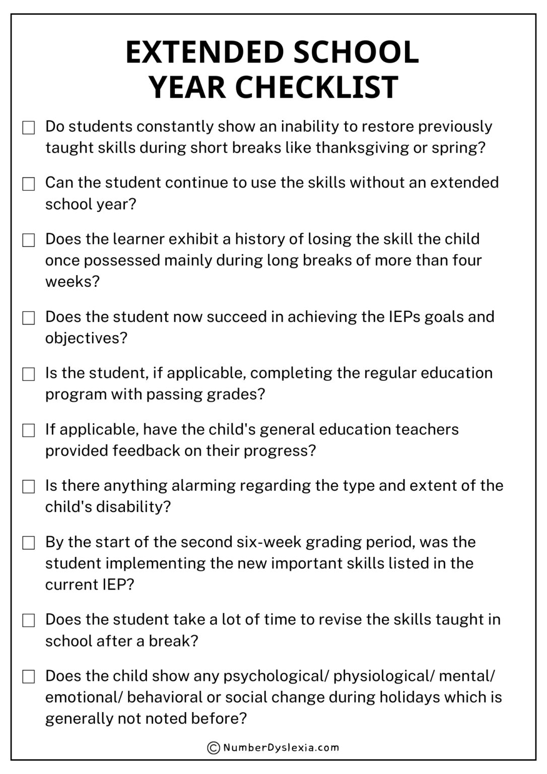 Printable Extended School Year Checklist [PDF Included] - Number Dyslexia