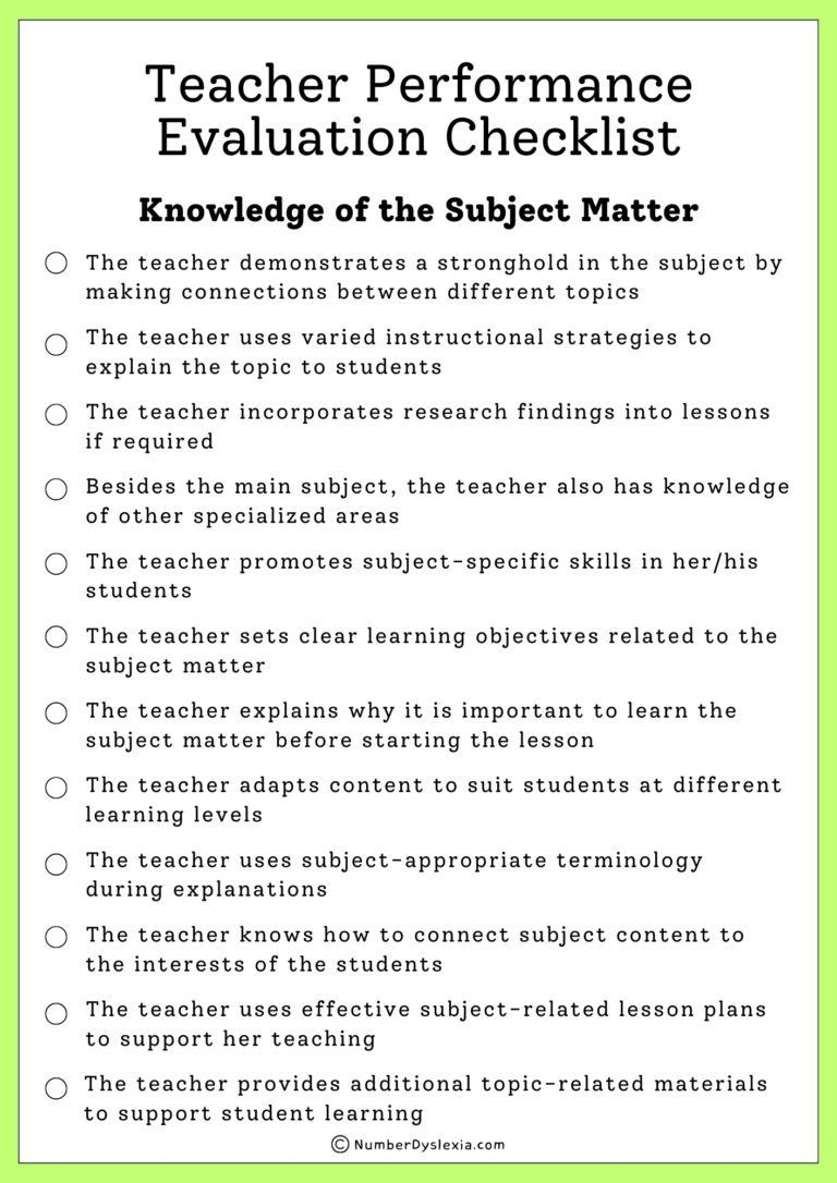 Printable Teacher Performance Evaluation Checklist [PDF Included] - Number Dyslexia