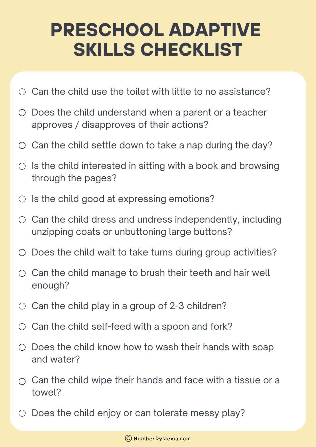 Preschool Adaptive Skills Checklist [PDF Included] - Number Dyslexia