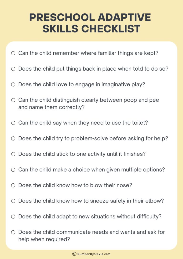 Preschool Adaptive Skills Checklist [PDF Included] - Number Dyslexia